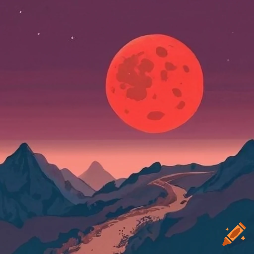 Ink painting of a road leading to mountains under a red moon on Craiyon