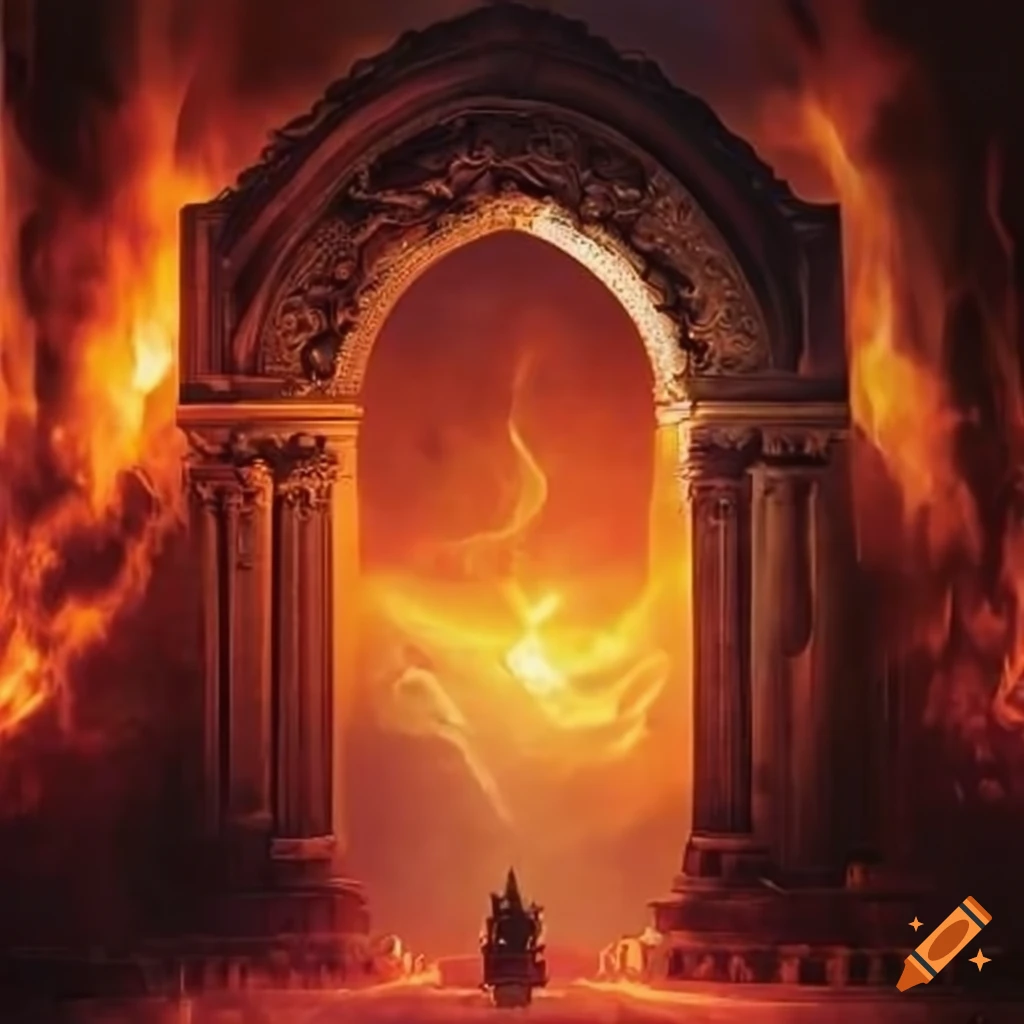 Digital art of heavenly gates with fire on Craiyon