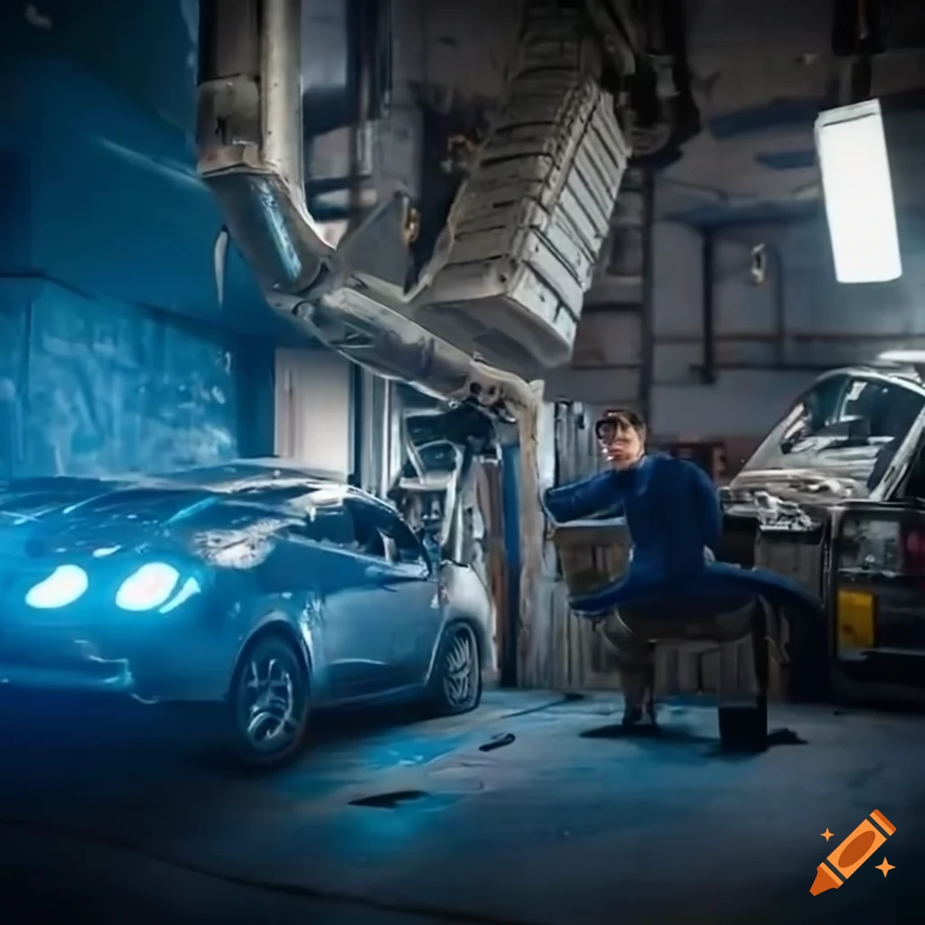 Futuristic mechanical workshop with mechanic working on a car on Craiyon