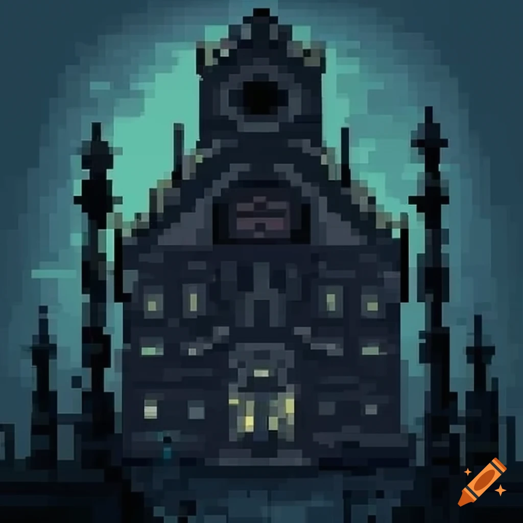 Pixel art of a dark victorian street scene