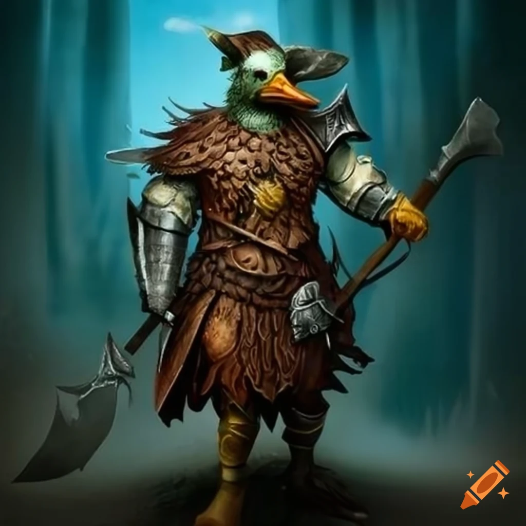 Fantasy artwork of a duck warrior with armor and weapons on Craiyon