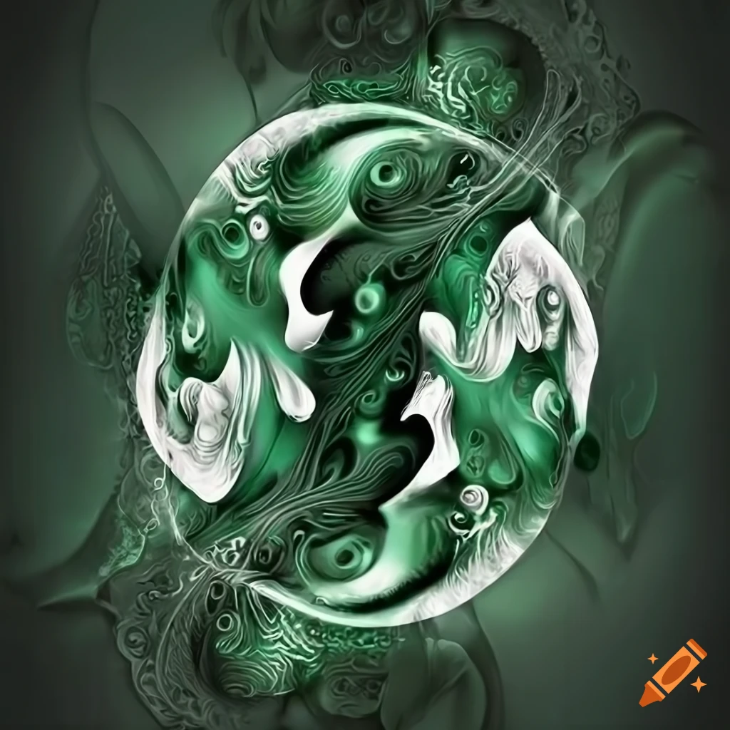 Abstract art of dark green and white representing pisces zodiac sign on ...