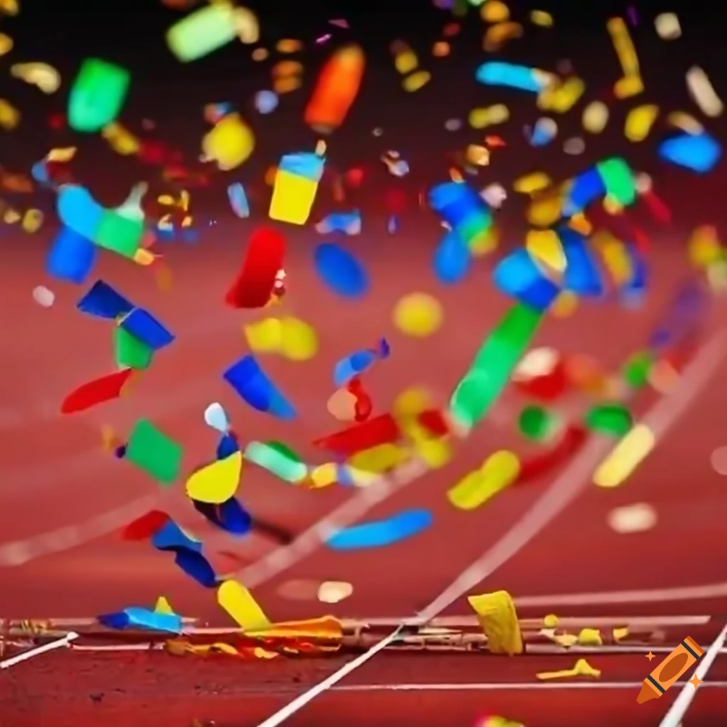 Colorful confetti raining on an olympic running track on Craiyon