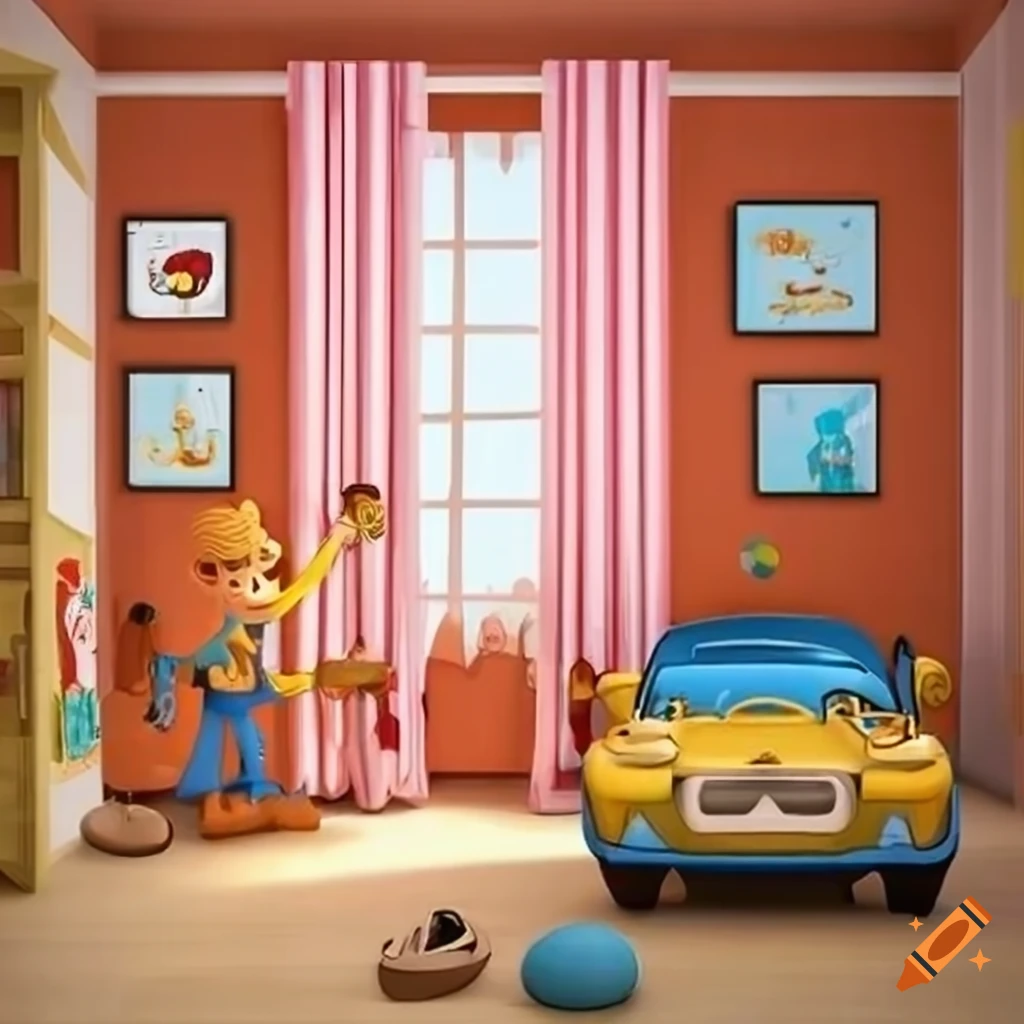 Cartoon-themed kids room with animal stickers on Craiyon