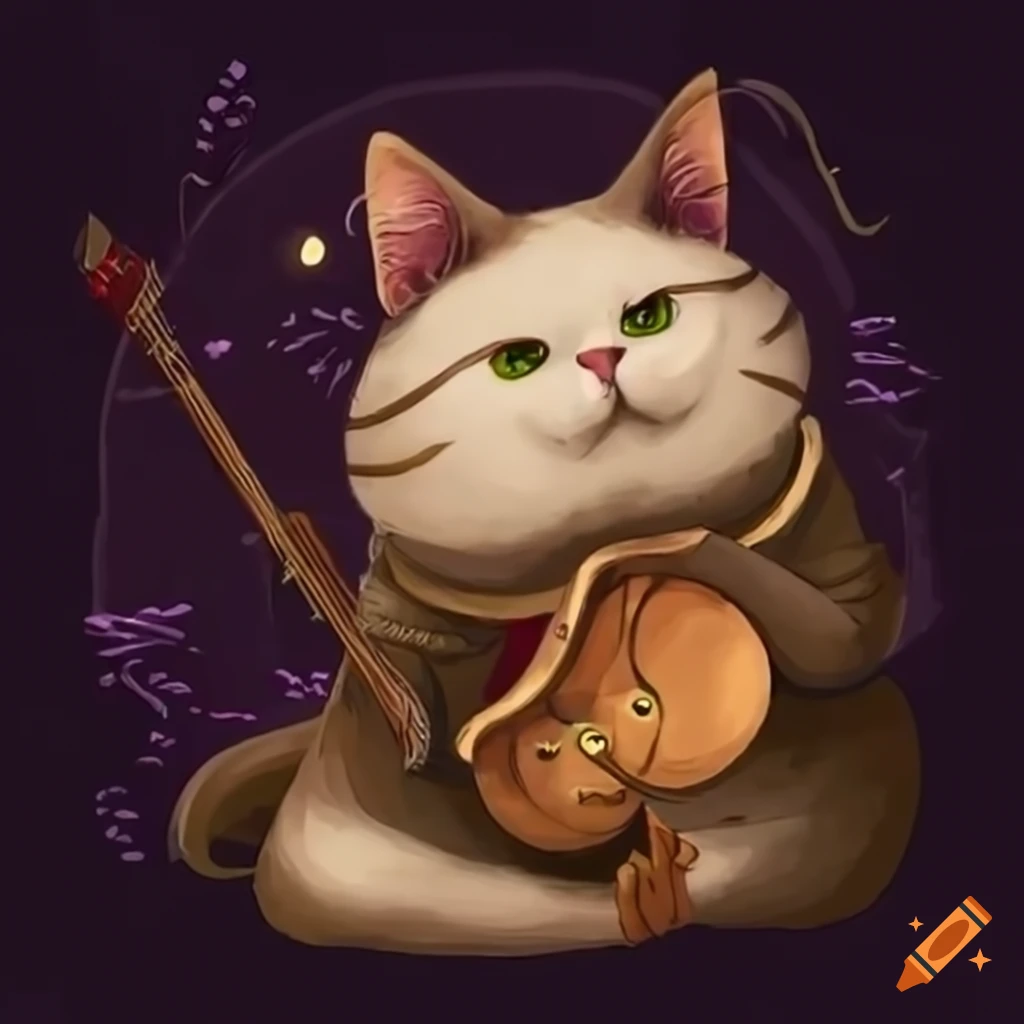 Chubby cat bard playing an instrument on a fantasy adventure on Craiyon