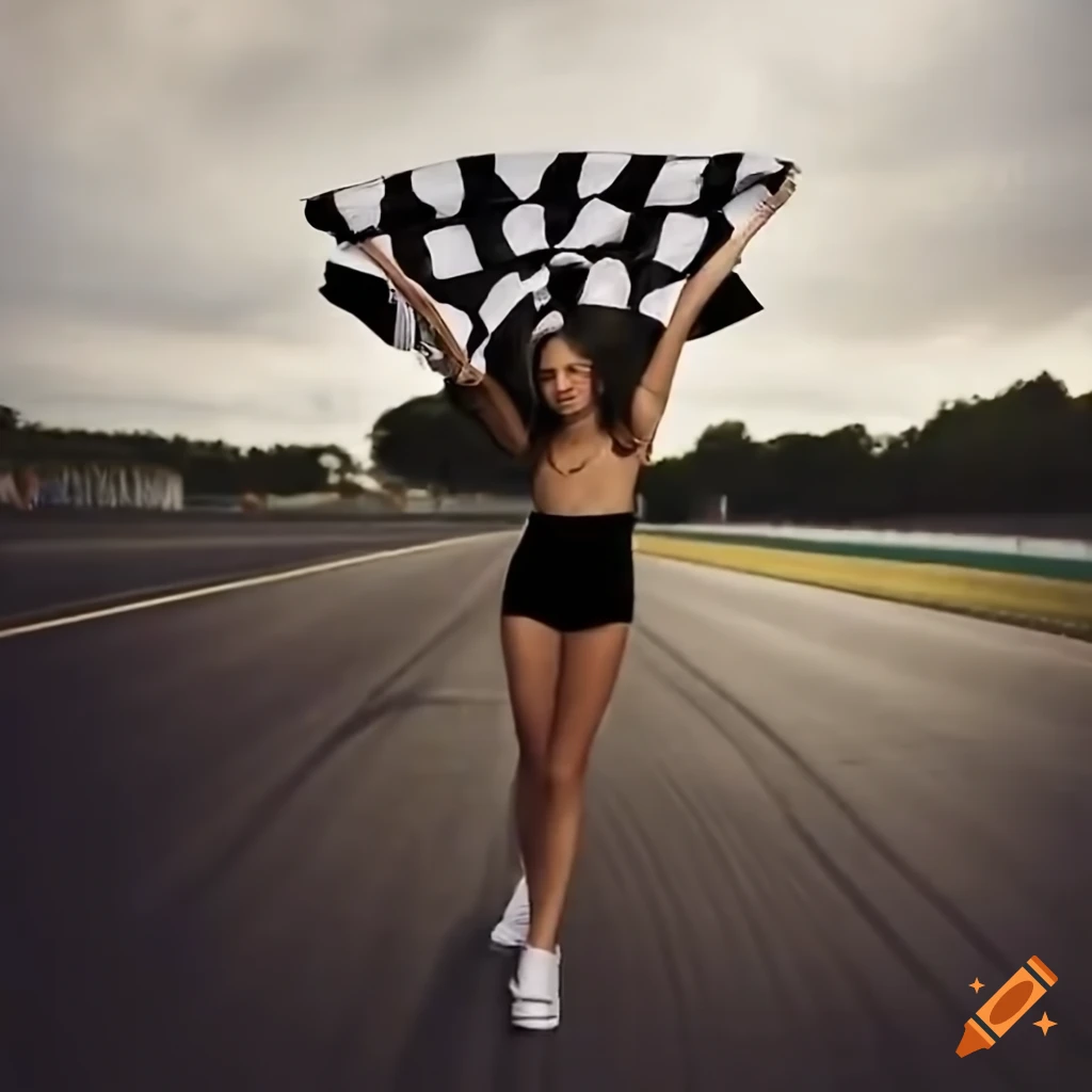 Victorious girl waving checkered flag in formula one clothing