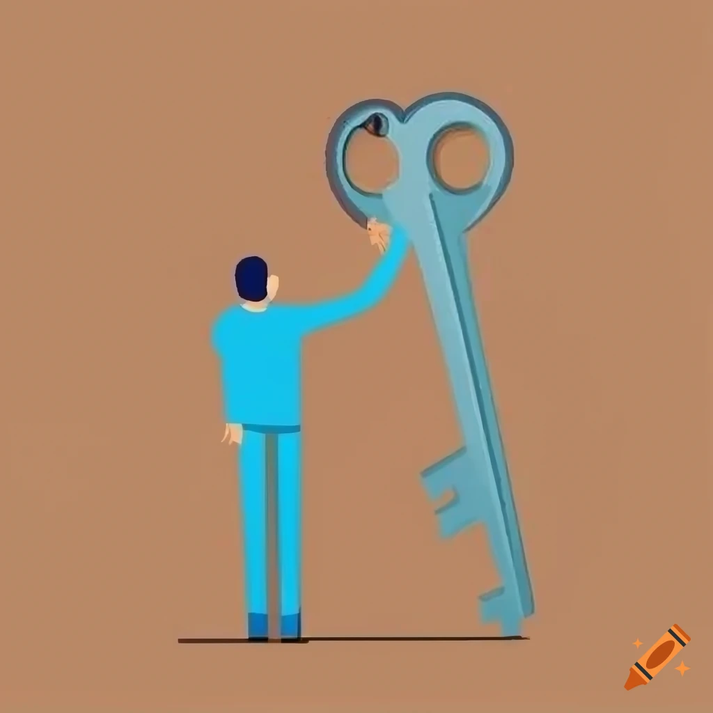 Illustration of a man leaning on a giant key