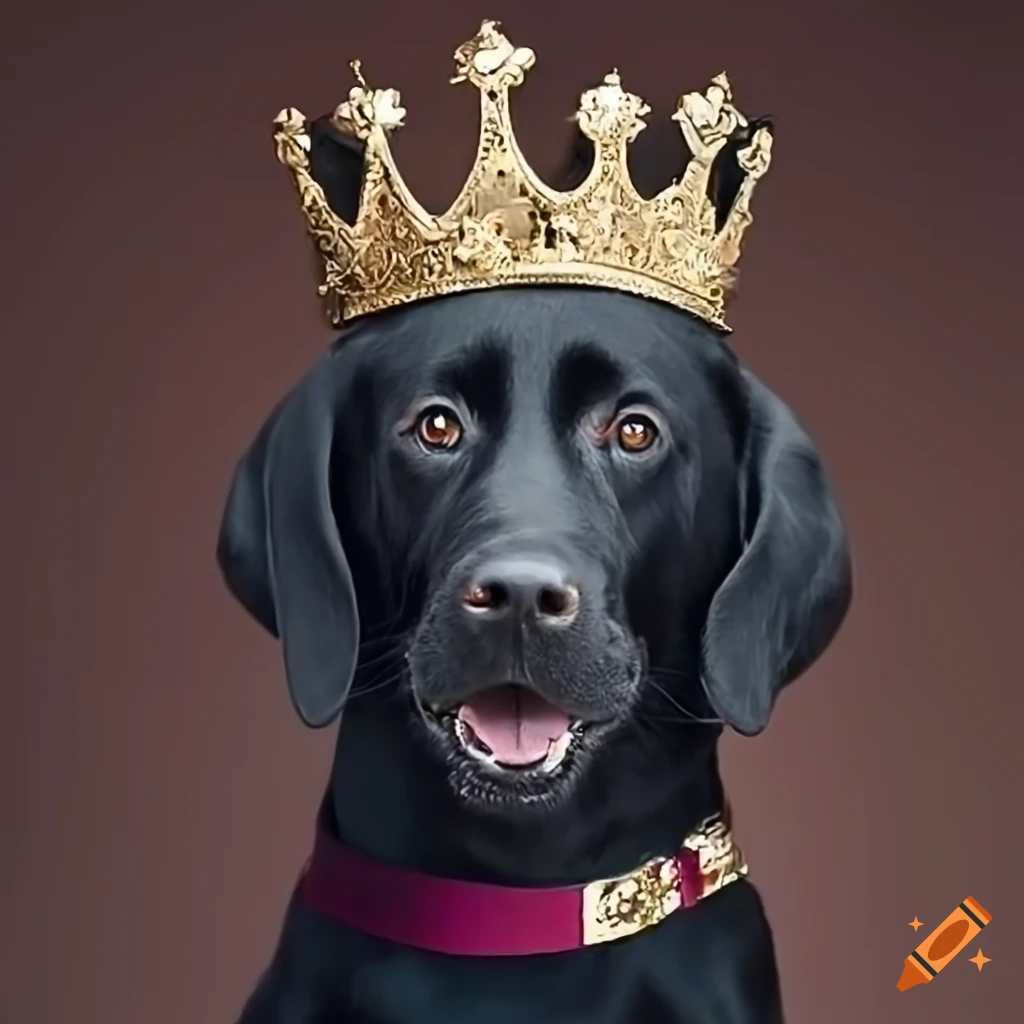 Photorealistic portrait of a black Labrador wearing a crown and cloak ...