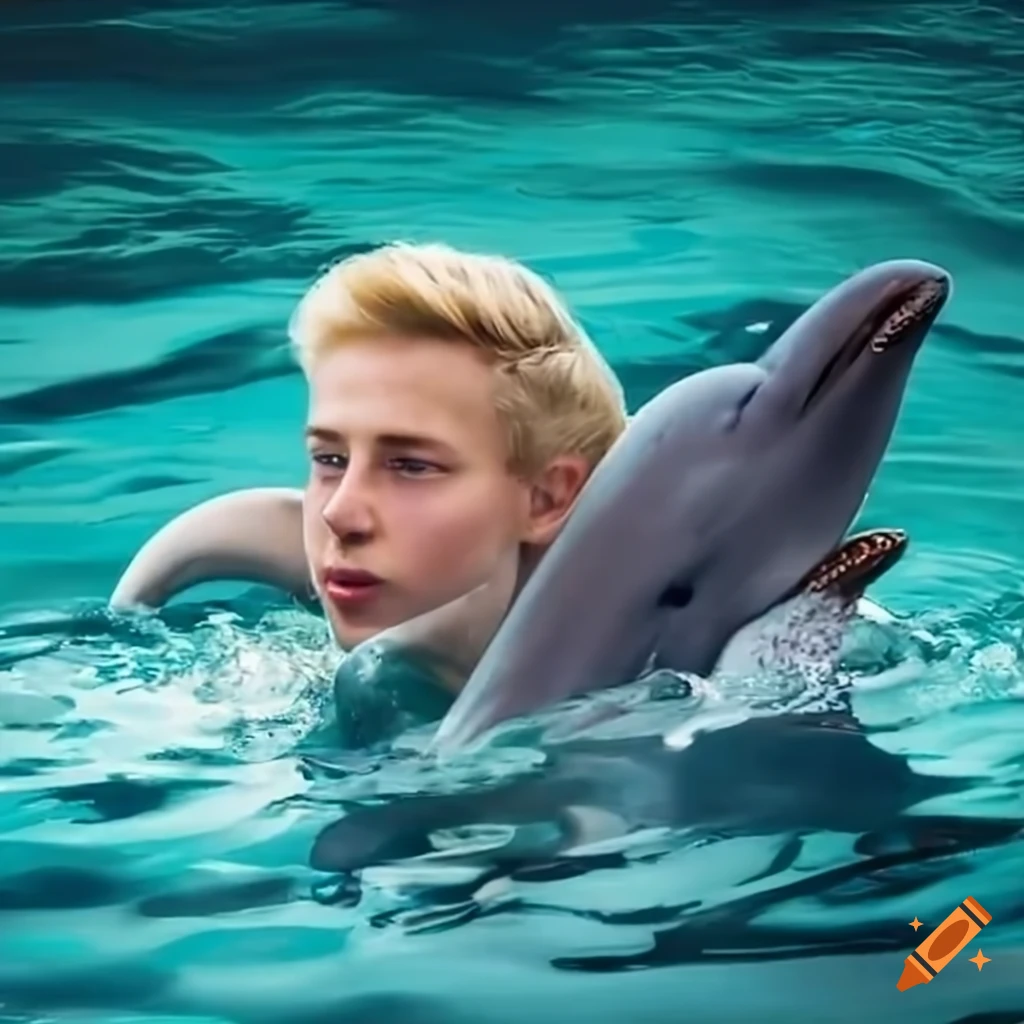Blonde man swimming with dolphins
