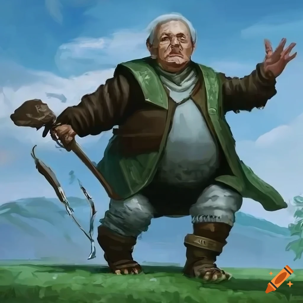 Illustration of a fat elderly halfling in an open vest on Craiyon