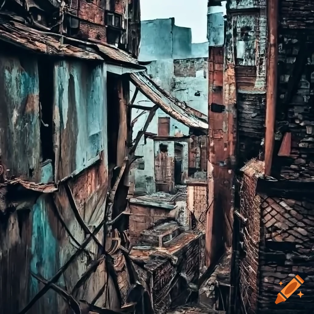 View from rooftop of old industrial slums on Craiyon