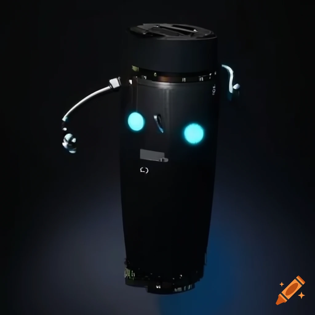 Black cylinder robot with a trapezoid top and a screen on Craiyon