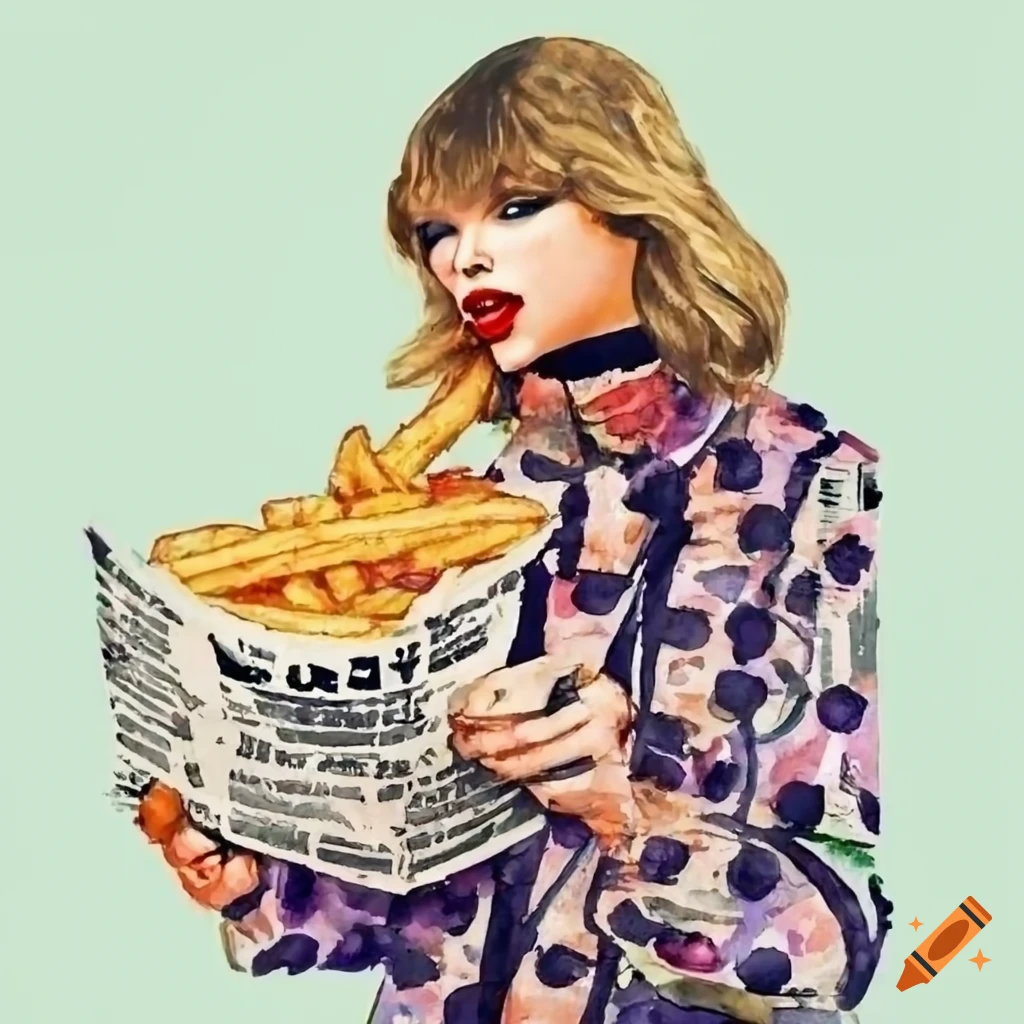 Watercolor of taylor swift enjoying fish and chips