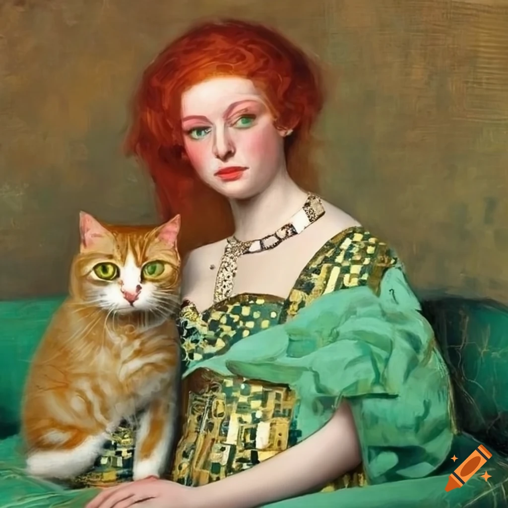 Portrait of a red-haired girl dressed in green with a white cat on a ...