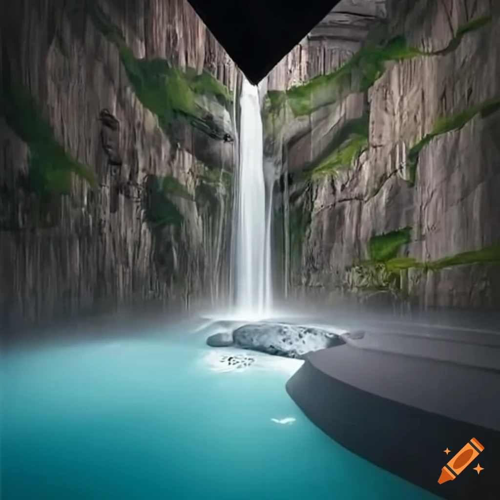 Floating cube sculpture with waterfall over a mountain on Craiyon