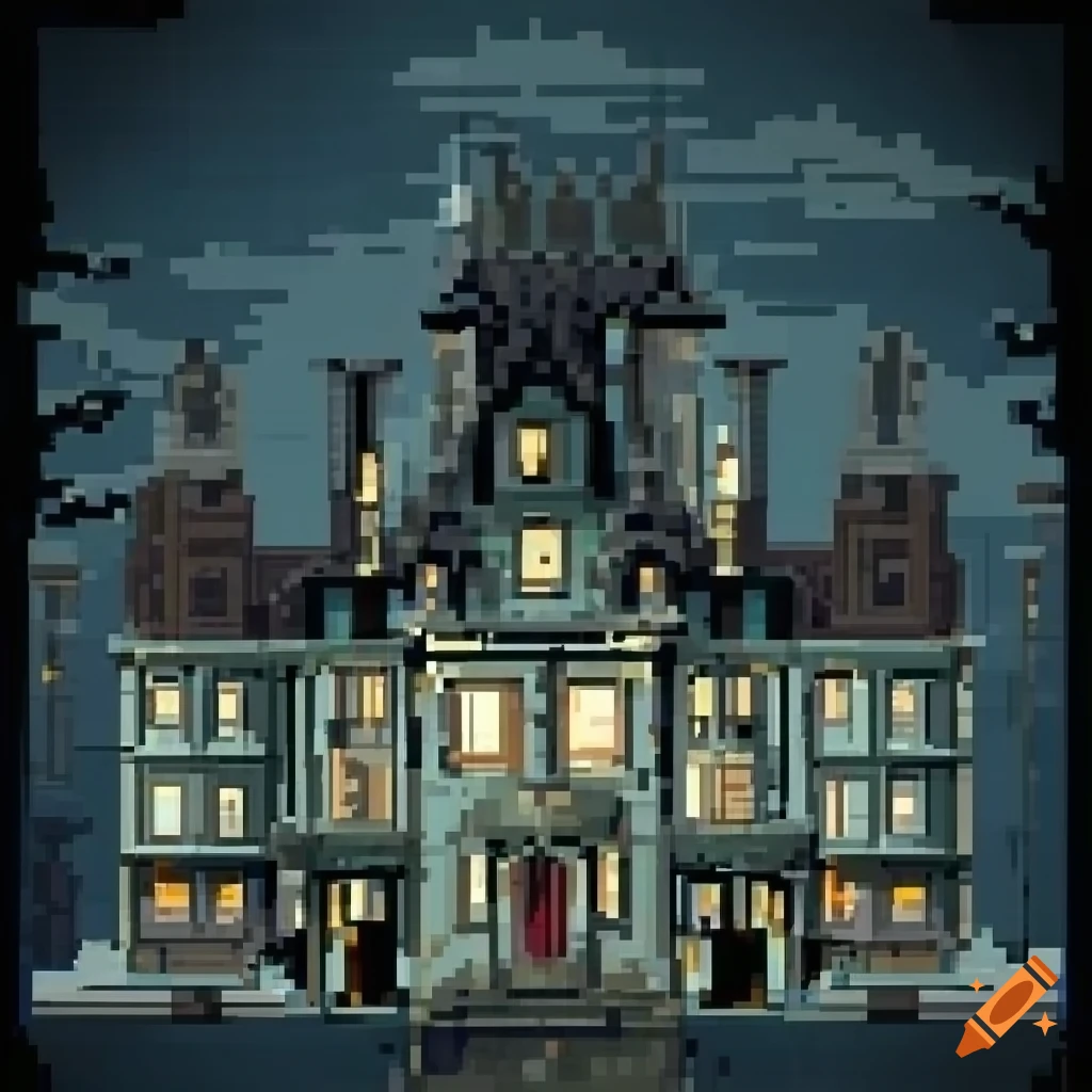 Pixel art of a grim dark victorian mansion wall