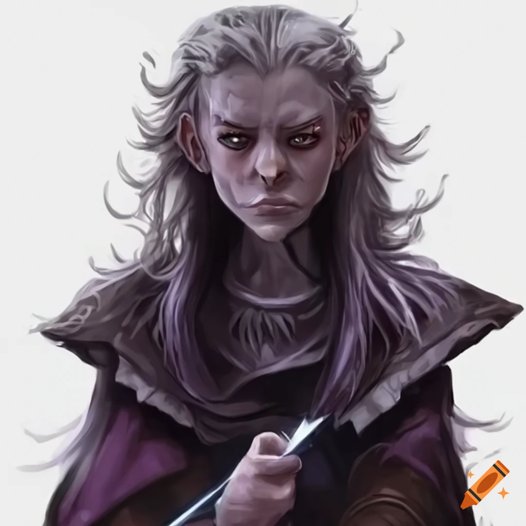 Earth genasi druid with crystal hair and gnarly staff on Craiyon