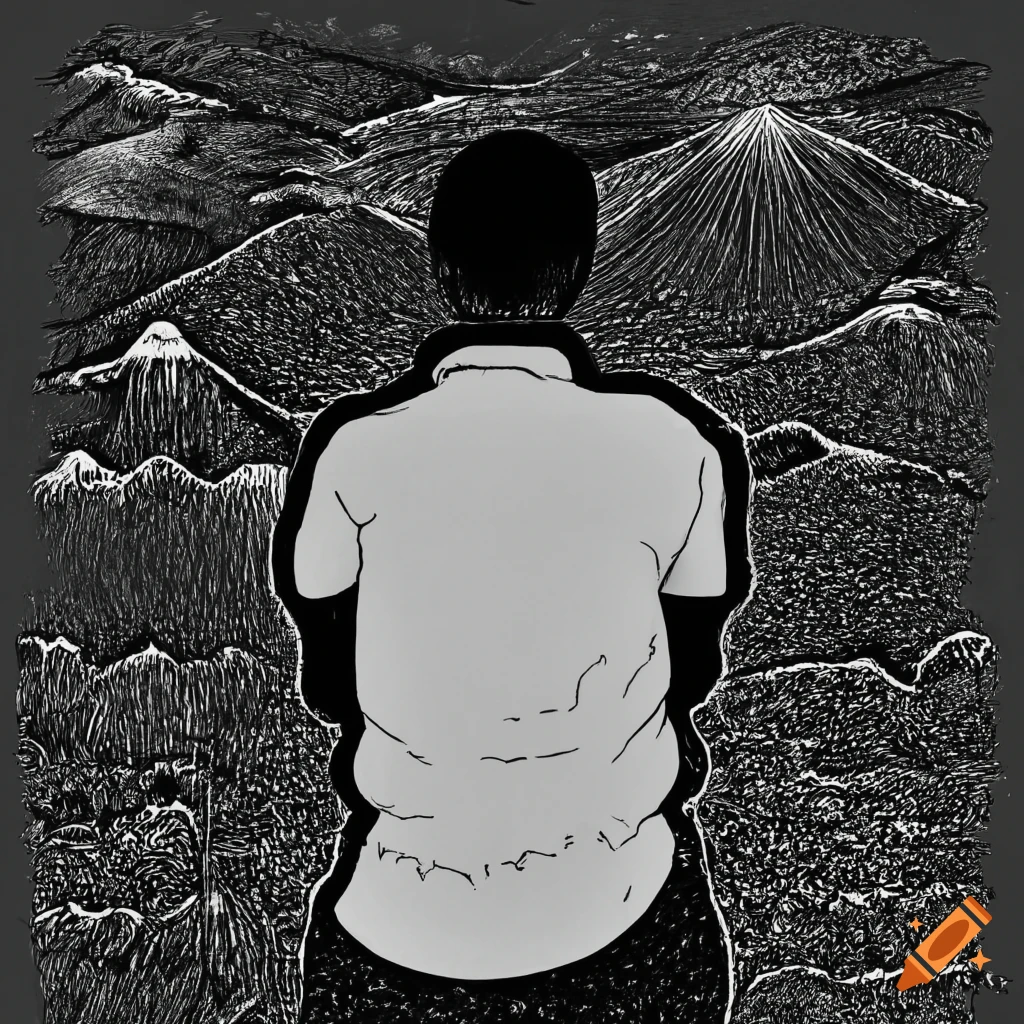 Black and white drawing of a person gazing at the stars