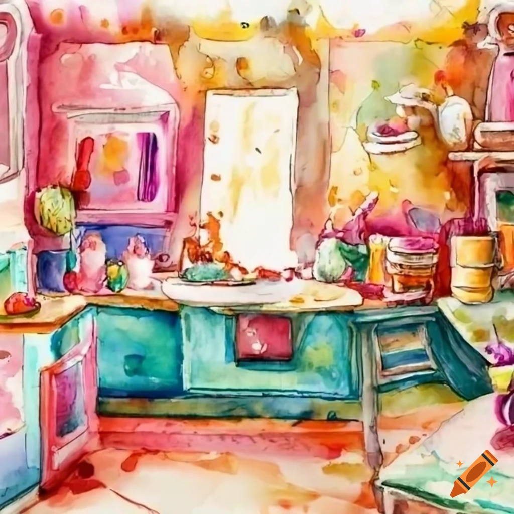 Watercolor illustration of a fairy tale house kitchen on Craiyon