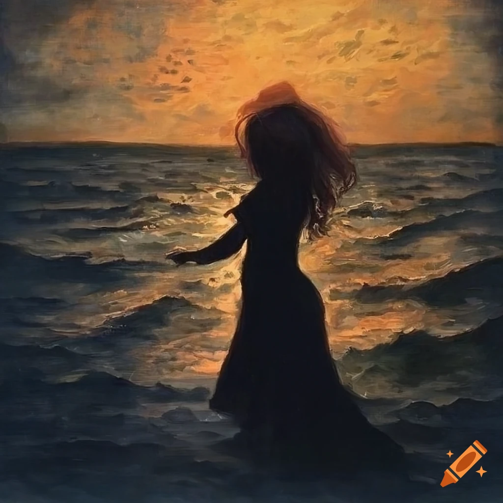 Artistic depiction of a girl dancing by the sea at sunset on Craiyon