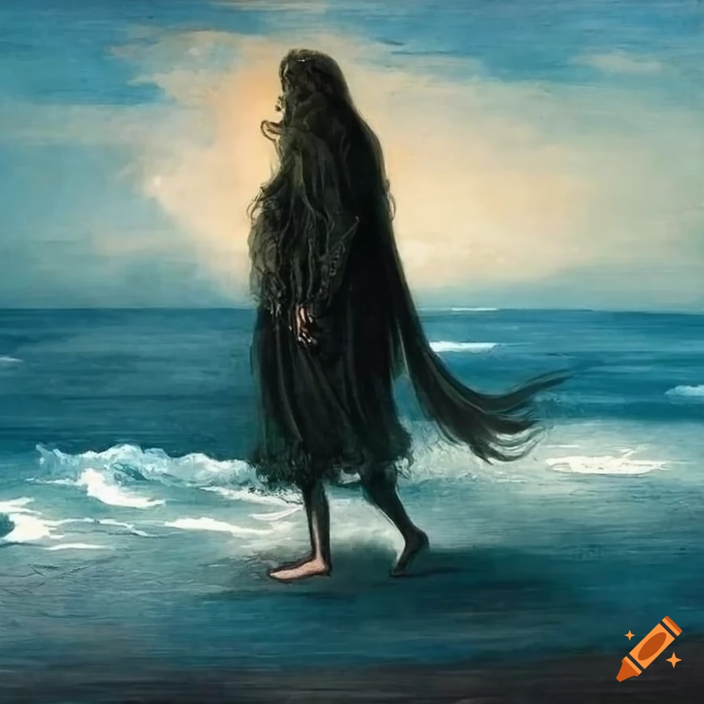 19th century-style oil painting of mermaids dancing on green waves on ...