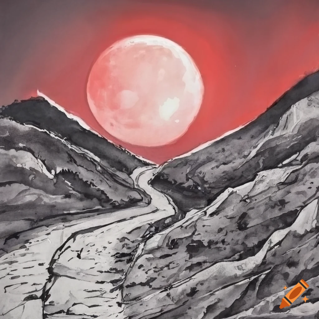 Ink painting of a narrow road leading to high mountains under a red ...