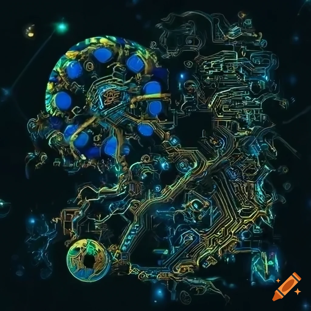 Psychedelic artwork of electronic circuit space trees on Craiyon