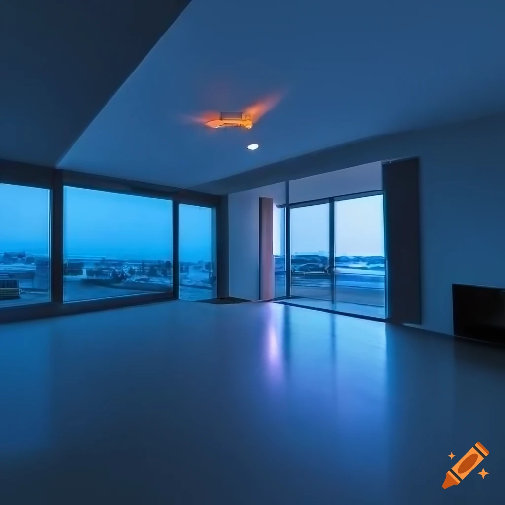 Luxury apartment interior with frameless windows