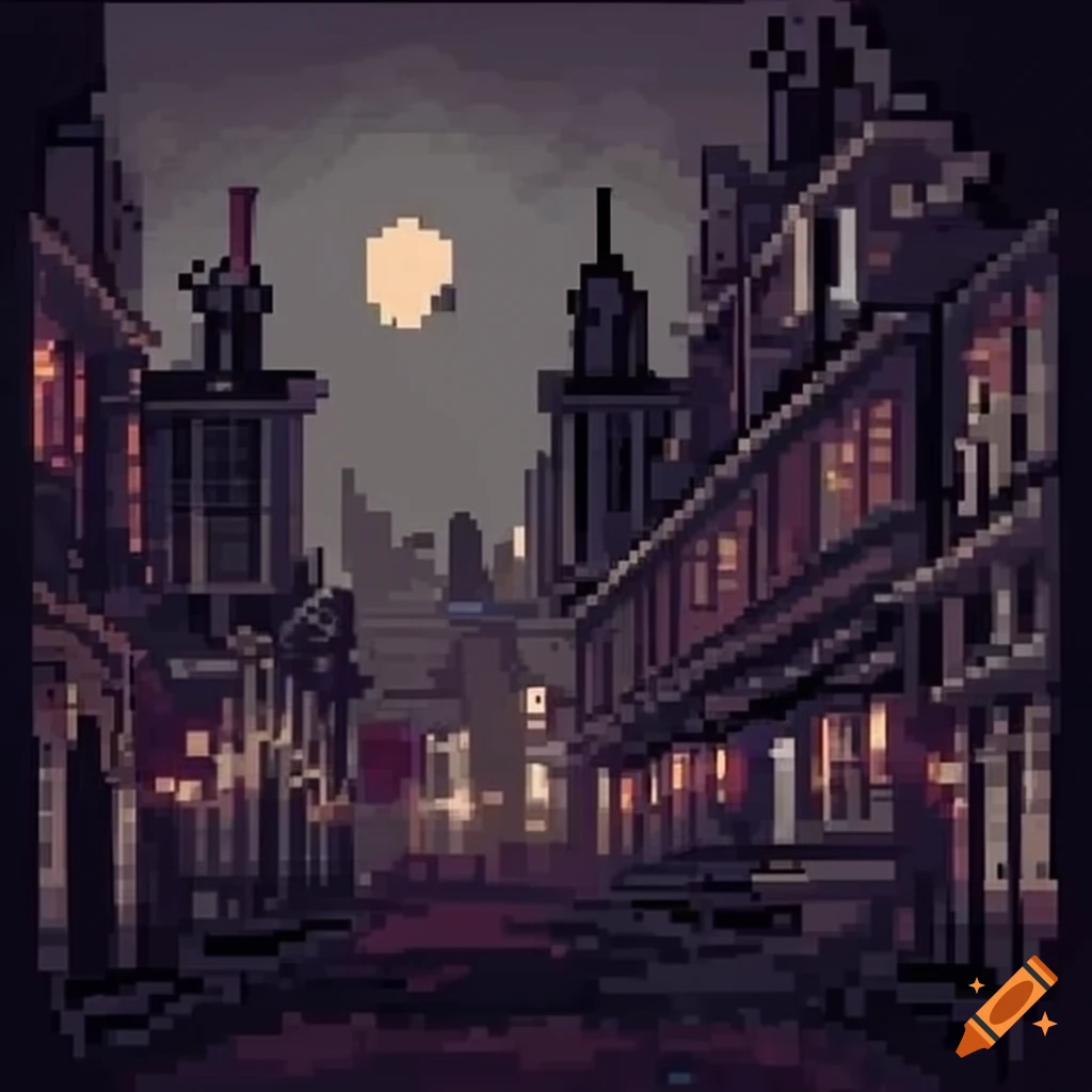 Grim dark pixel art street scene on Craiyon