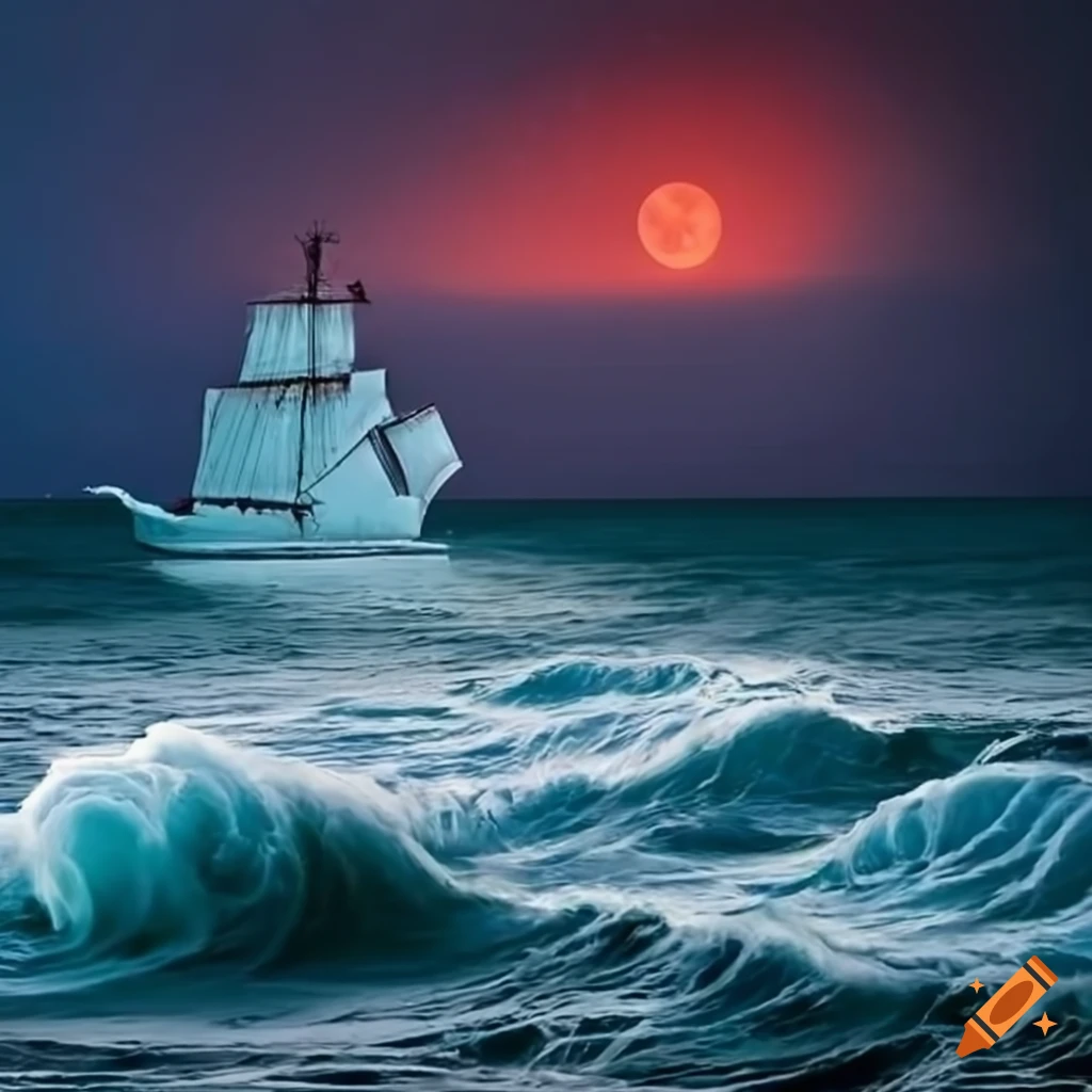 Ship at the shore under red moon and big waves on Craiyon