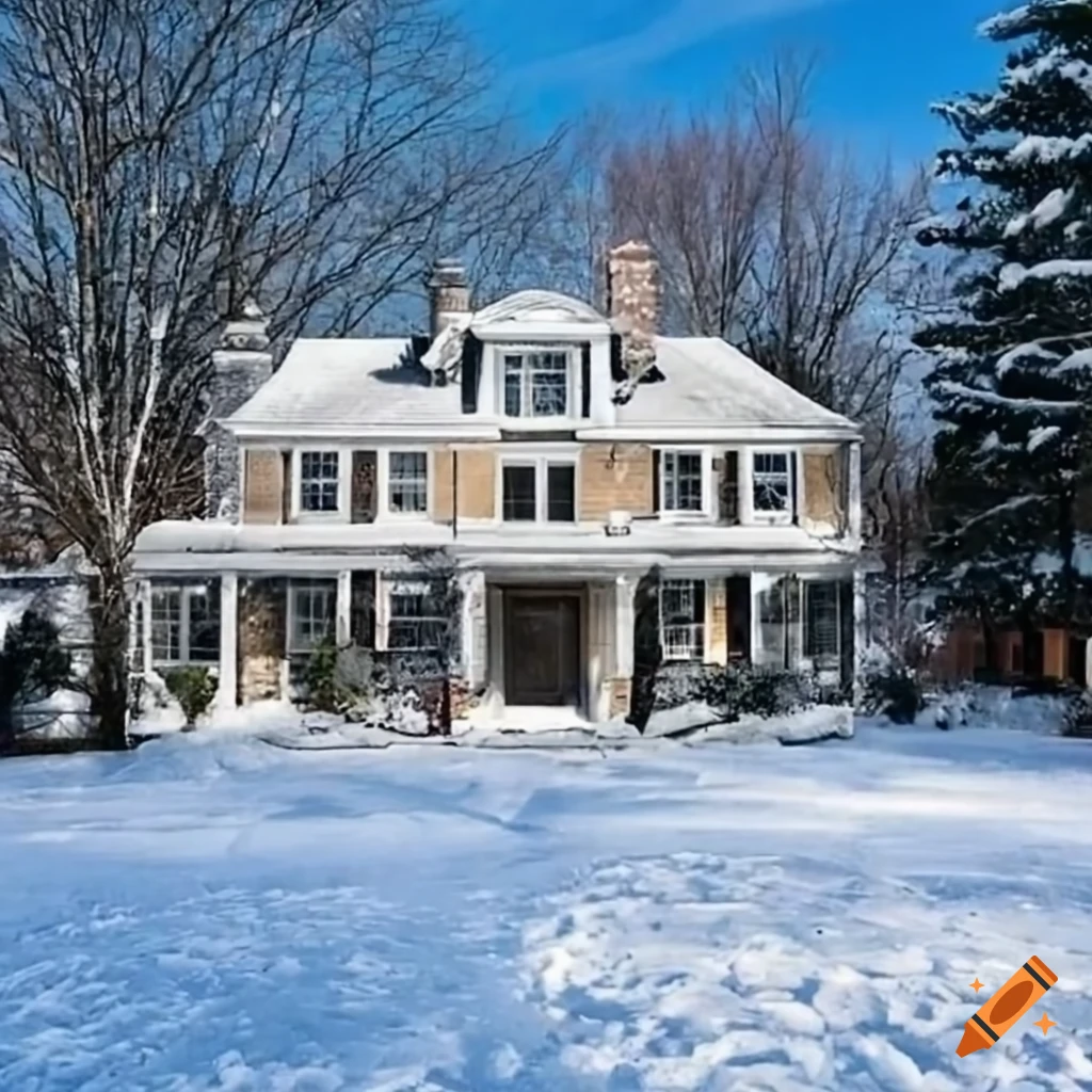 Snowy neo-colonial home with grand driveway on Craiyon