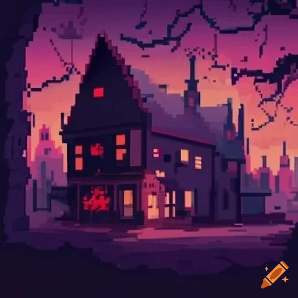 Pixel art of a dark victorian street scene
