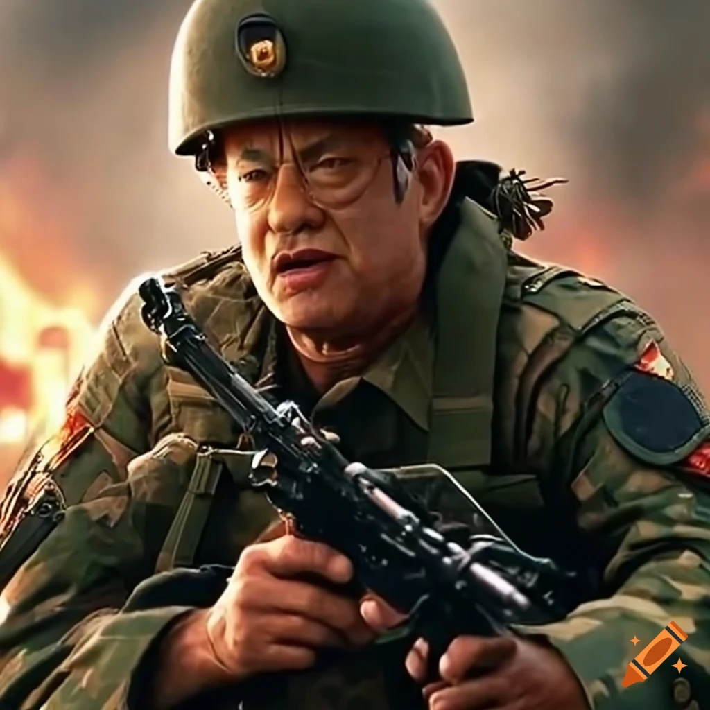 Humorous image of tom hanks fighting rats in army uniforms