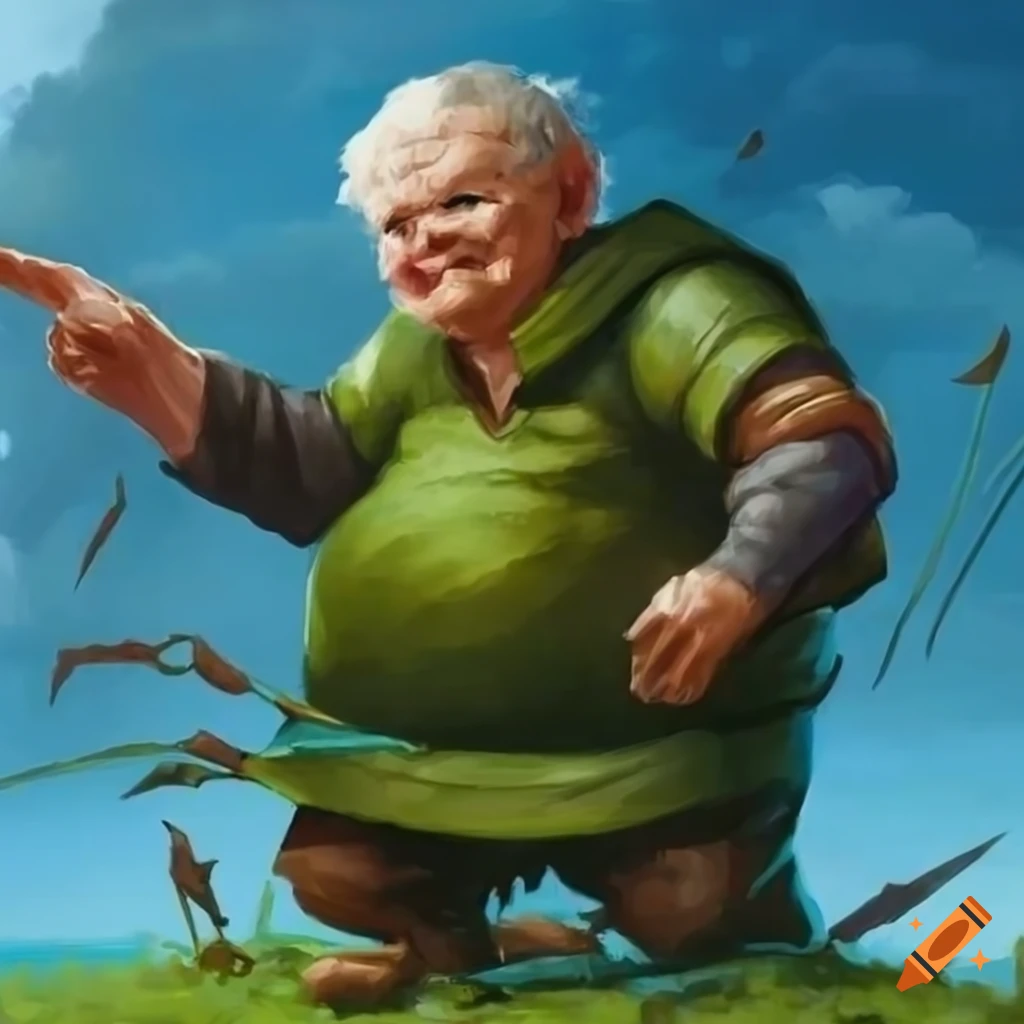 Illustration of a fat elderly halfling in an open vest on Craiyon