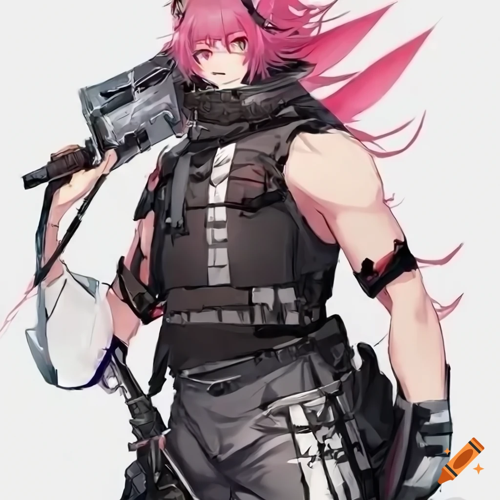 Arknights character in combat armor and pink spiky hair