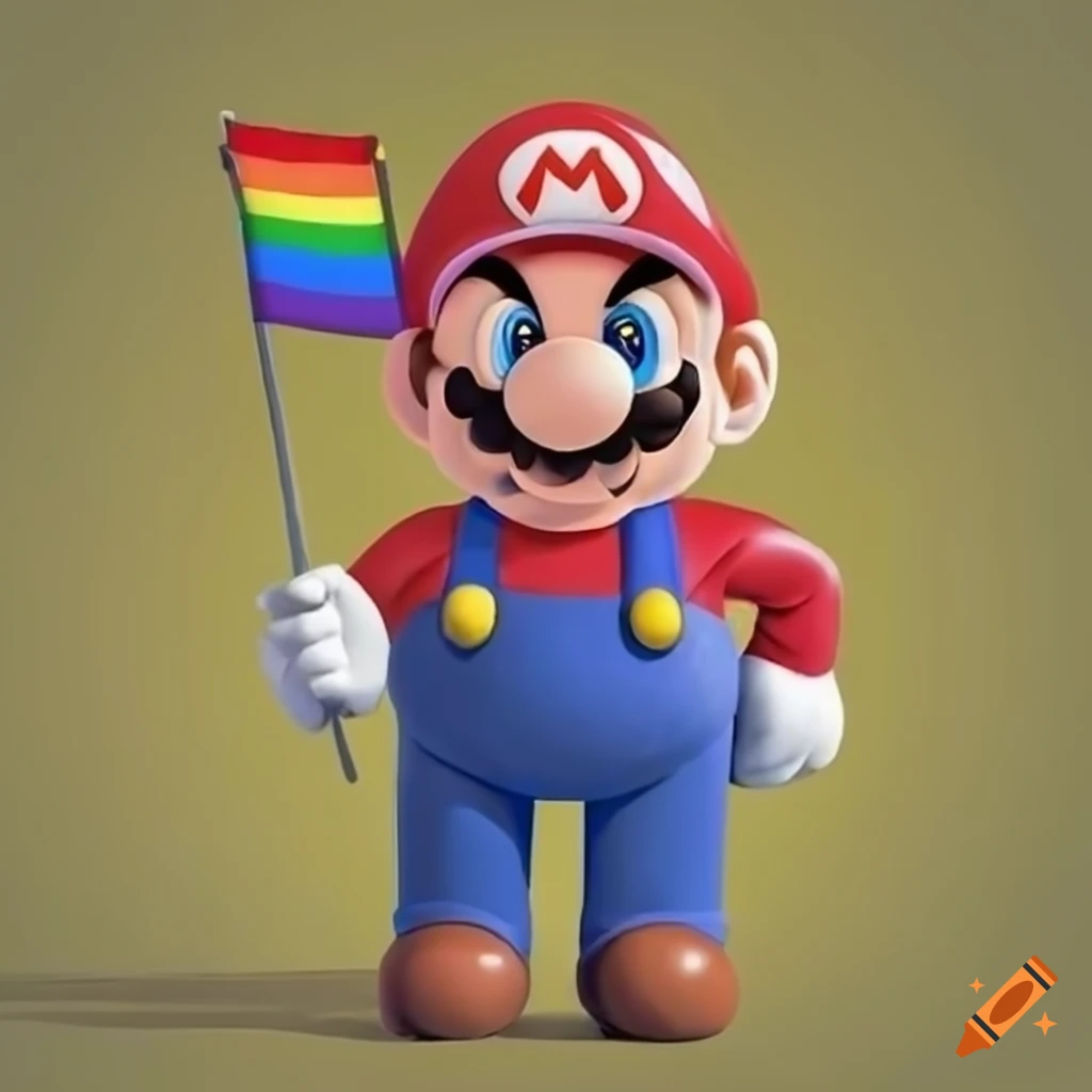 Super mario holding a pride flag on yellow background on Craiyon