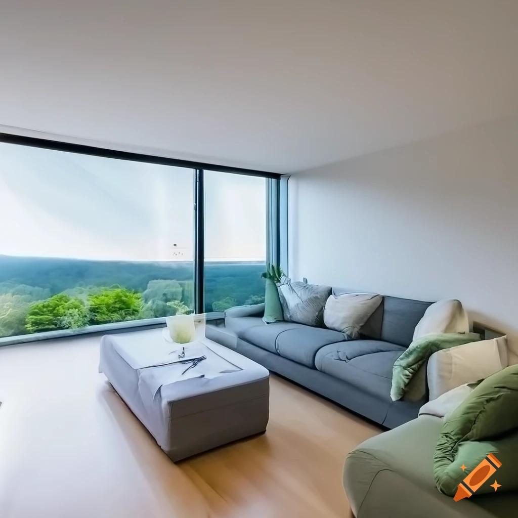 Luxurious modern apartment with large windows and sunset light on Craiyon