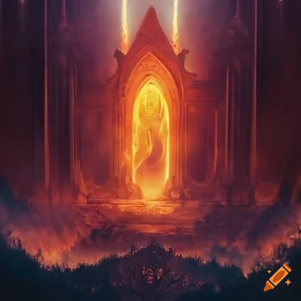 Image of heavenly gates with fire in the background