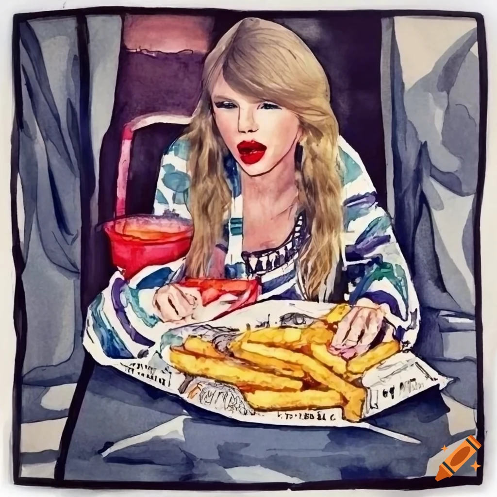 Watercolor of Taylor Swift enjoying fish and chips on Craiyon