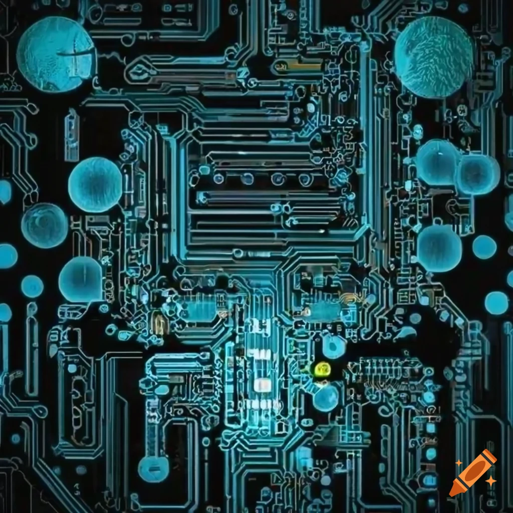 Psychedelic circuit board trees in the darkness on Craiyon