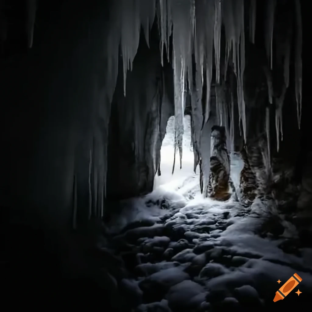 Snowy winter scene outside a dark cave on Craiyon