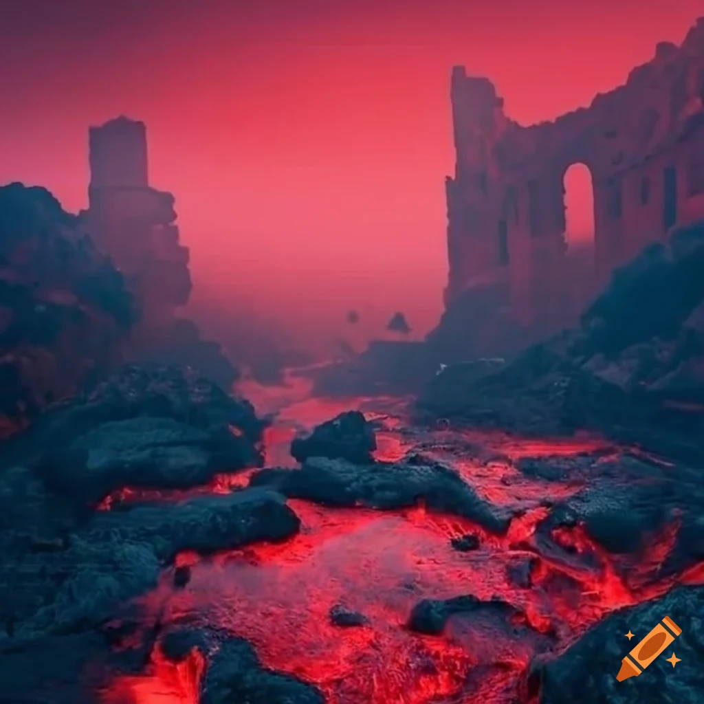 Hellscape with fire and brimstone, red and black clouds, lava river ...