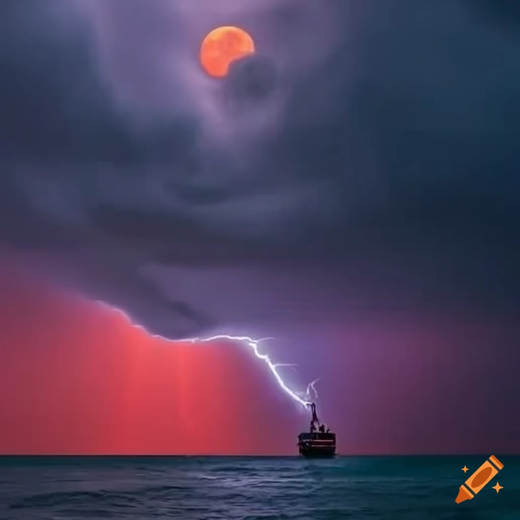 Image of a stormy sea with a red moon and a ship on the shore on Craiyon