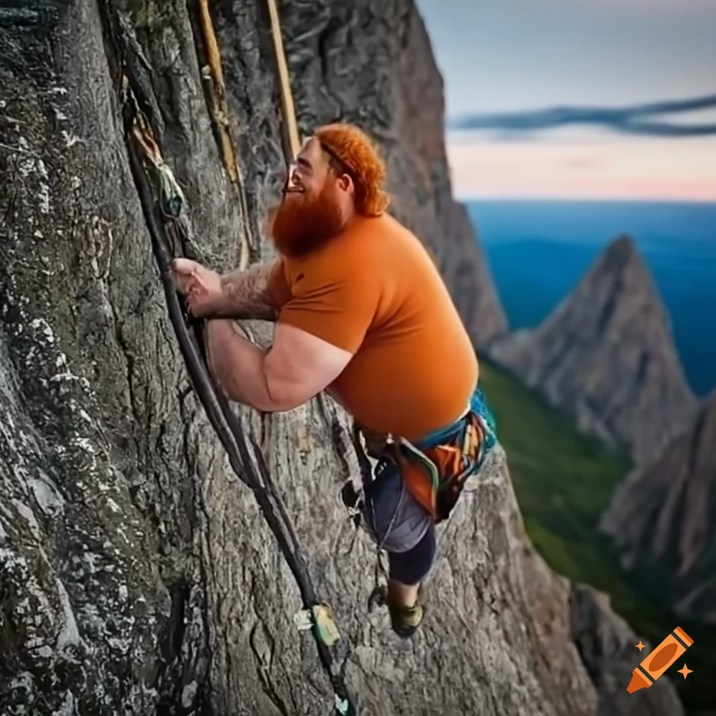 Ginger bearded man mountain climbing on Craiyon
