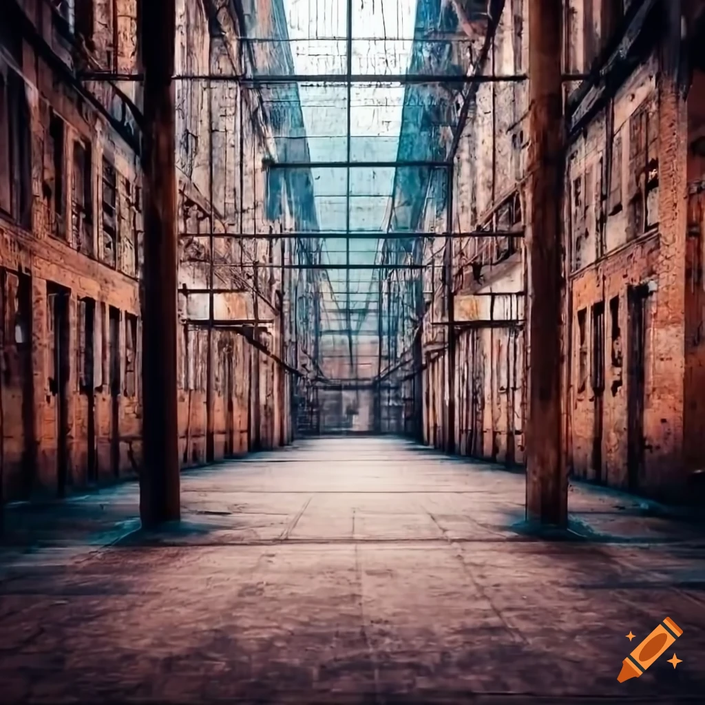 View through the windows of an old factory aisle on Craiyon
