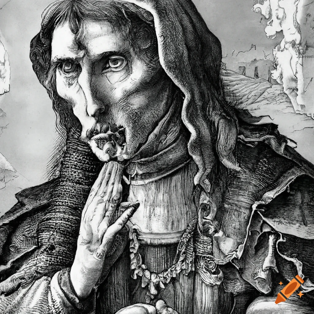 Black and white illustration of a nordic demon in a medieval village on ...