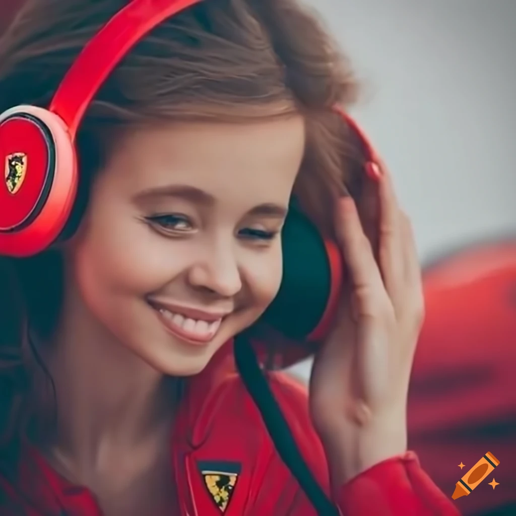 Girl wearing ferrari clothing and smiling with headphones and ...
