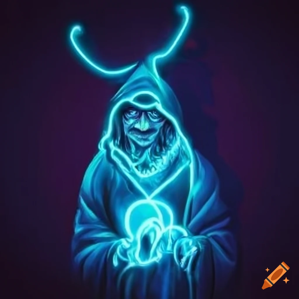 Neon wizard offering a set of magical cards