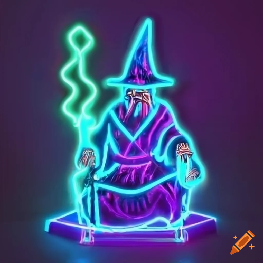 Neon wizard offering a set of magical cards