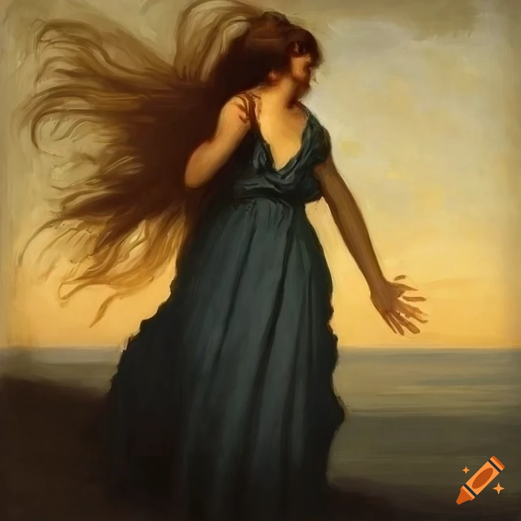 Painting of a desperate girl with flowing hair against a choppy sea on ...
